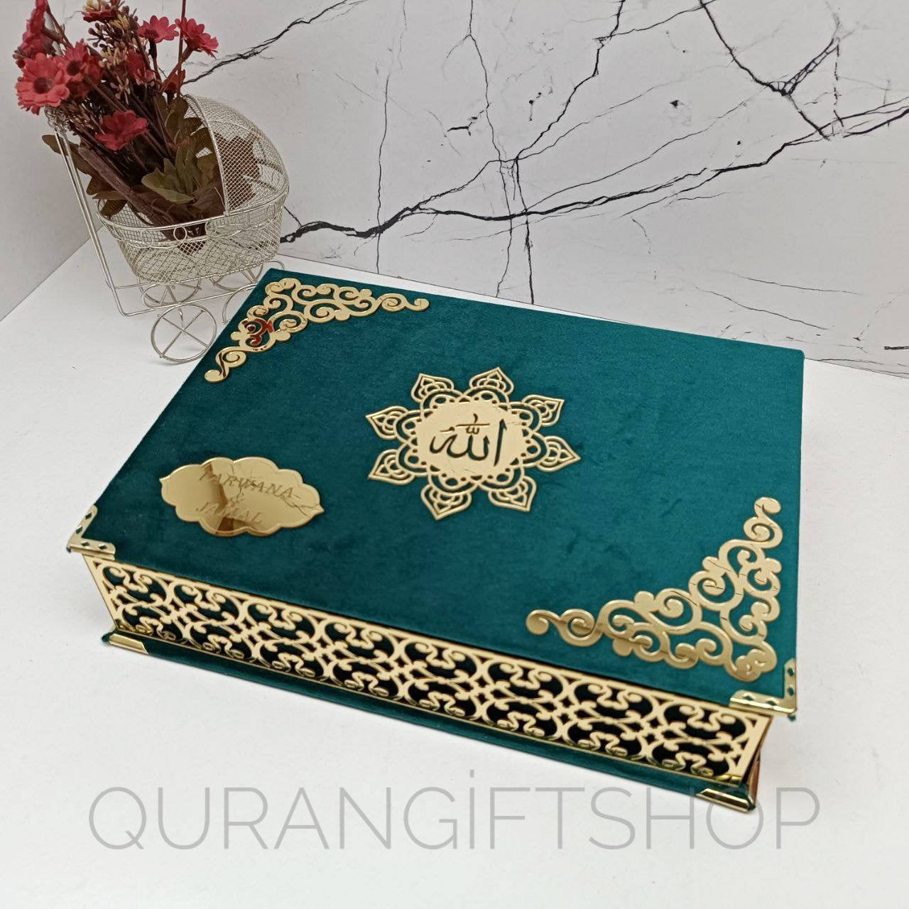 Quran Set Green Color, Personalized Quran With Velvet Box and Tasbih ...