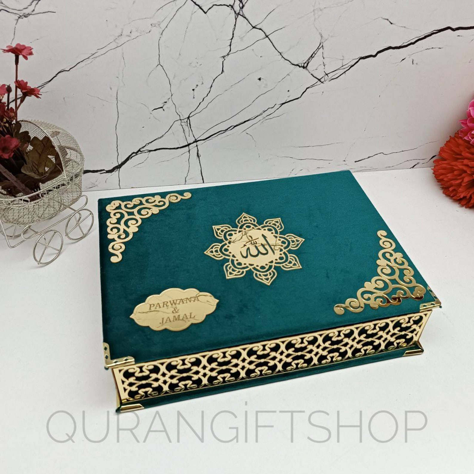 Quran Set Green Color, Personalized Quran With Velvet Box and Tasbih ...