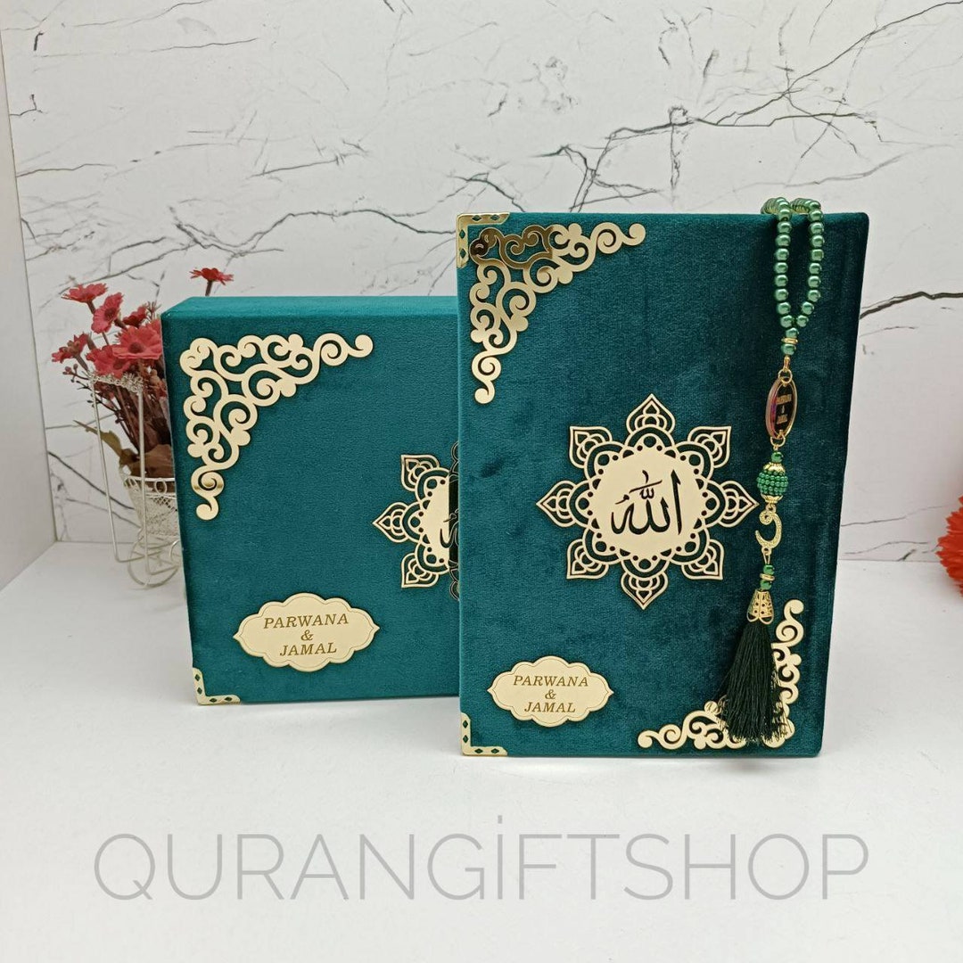 Quran Set Green Color, Personalized Quran With Velvet Box and Tasbih ...