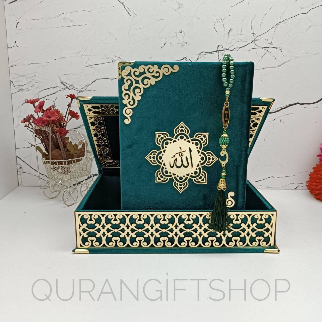 Quran Set Green Color, Personalized Quran With Velvet Box and Tasbih ...