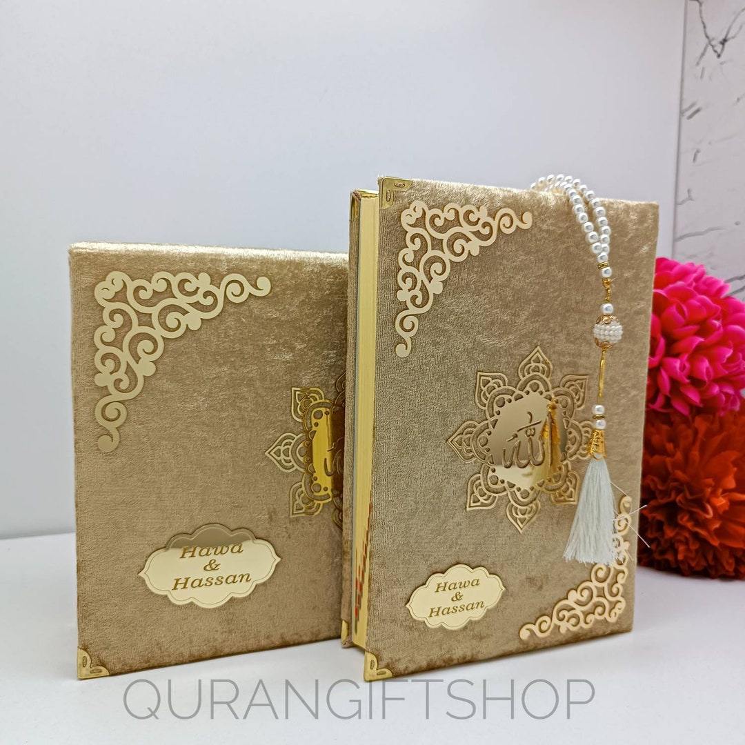 Gold Quran Gift Set, Personalized Quran With Velvet Box and Tasbih Set ...
