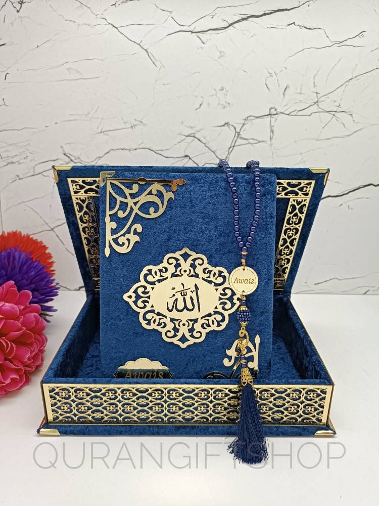 Blue Quran Gift Set, Personalized Quran With Velvet Box and Tasbih Set ...