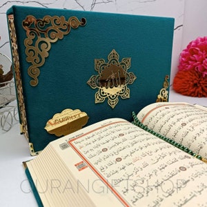 Quran Set Green Color, Personalized Quran With Velvet Box and Tasbih ...