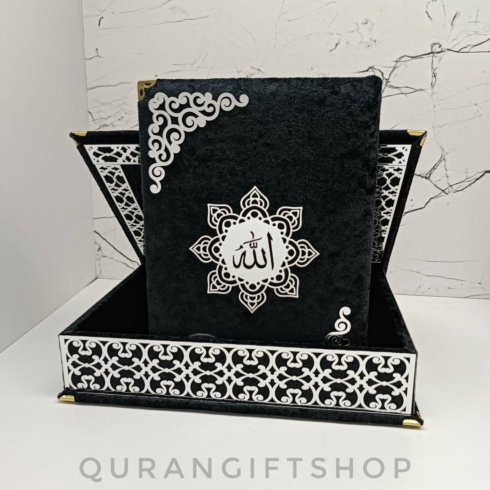 Silver & Black Quran Set, Velvet Quran Set Acrylic Mirror, Free Quran ...