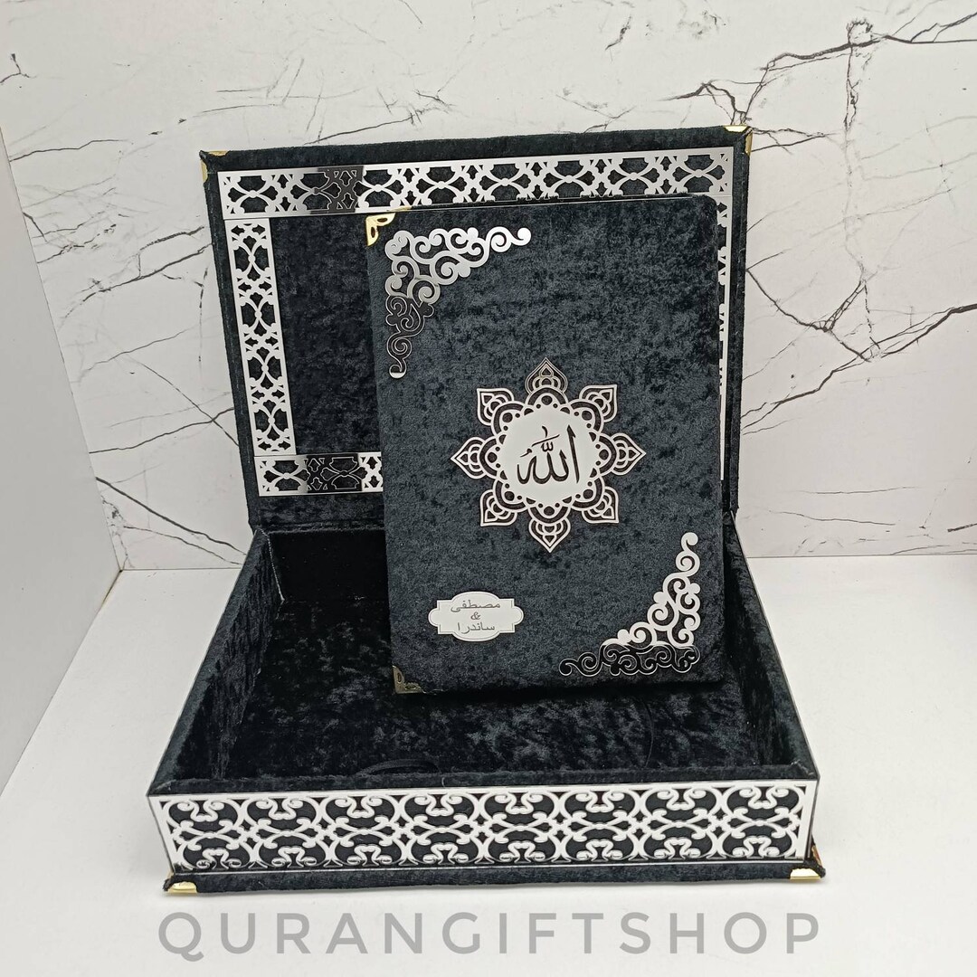 Silver & Black Quran Set, Velvet Quran Set Acrylic Mirror, Free Quran ...