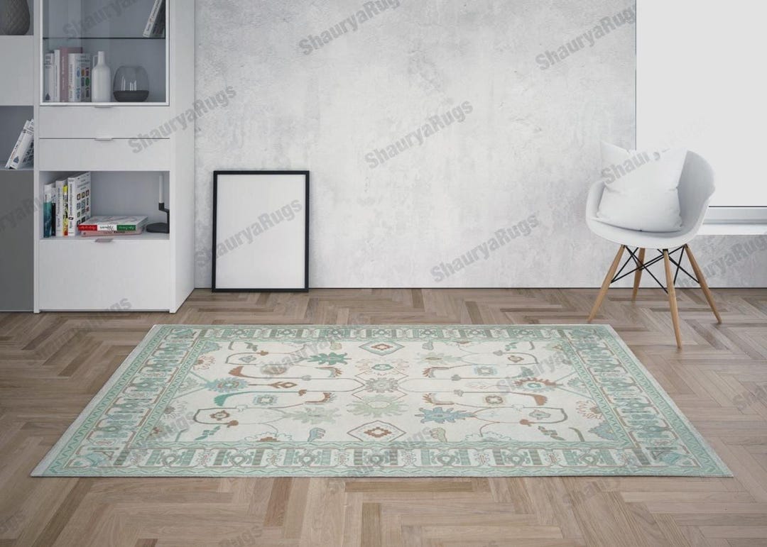 Handmade Oushak Wool Rug: Embassy Green, Shale & Orange Accent - Etsy