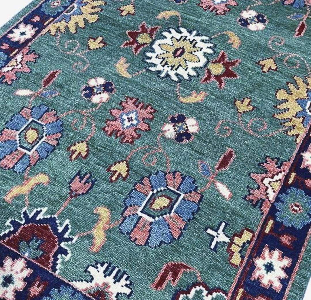 Handmade Oushak Wool Rug: Embassy Green, Orange Accent - Etsy