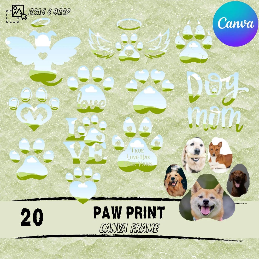 20 Paw Print Canva Frames | Pet Frame Templates | Dog Cat Paw Border ...