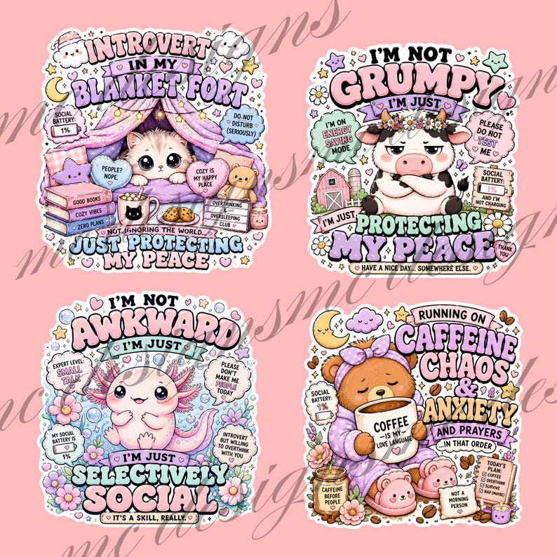 Cute Kawaii Sarcastic Bundle PNG, 20 Funny Mental Health Stickers ...