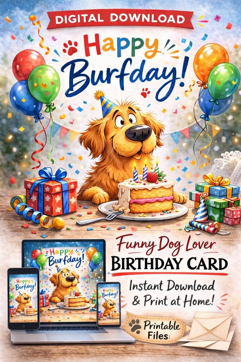 Funny Golden Retriever Birthday Card – Happy Burfday Dog Pun (printable ...