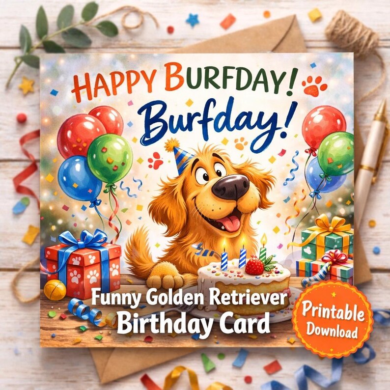 Funny Golden Retriever Birthday Card – Happy Burfday Dog Pun (printable ...