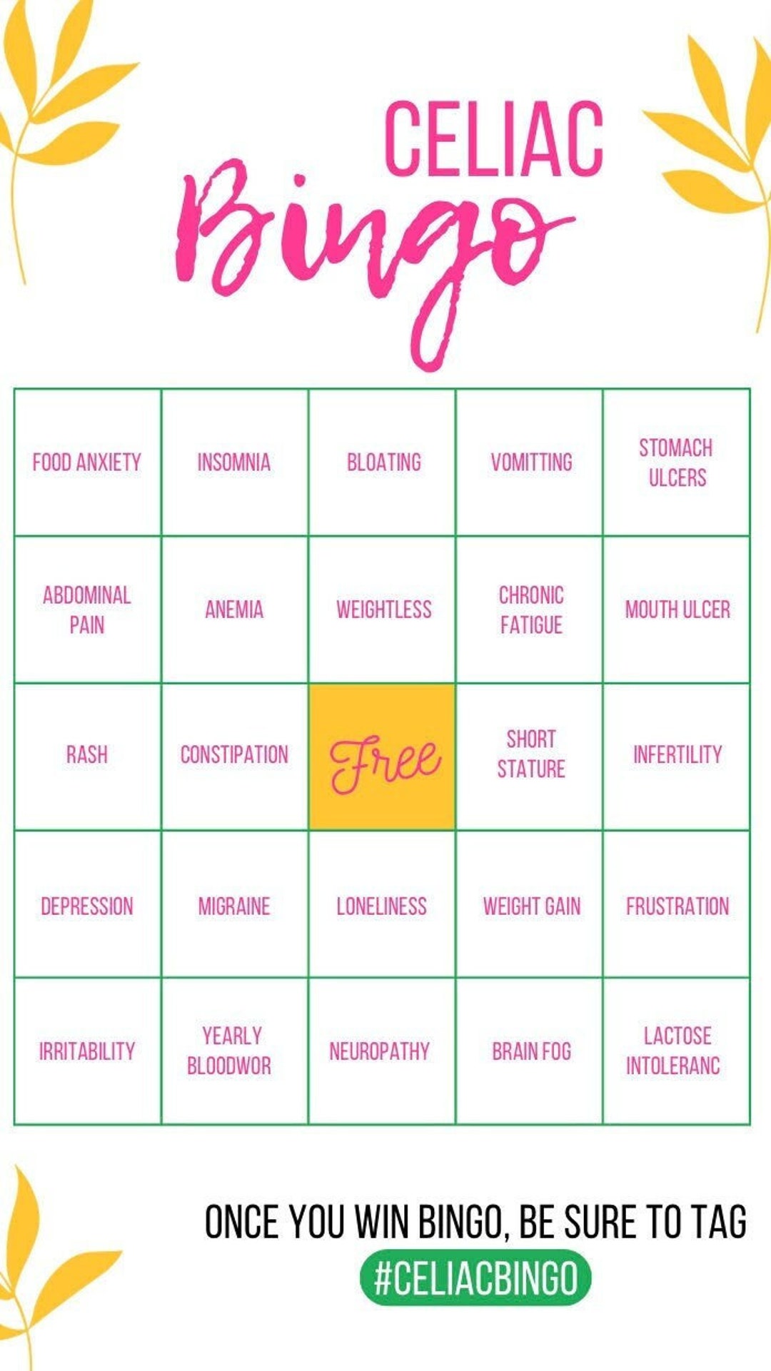 Celiac Bingo signs and Symptoms of Celiac Disease - Etsy