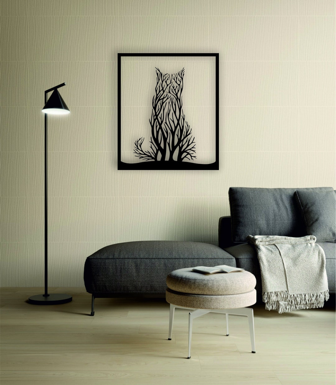 Unigue Cat Figure Wooden WallArt, Cat Figure with Tree Branches, Line ...