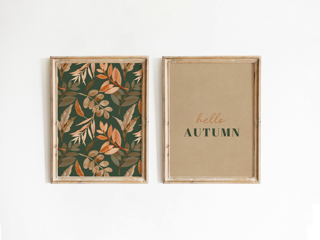 Hello Autumn Print Set of 2, Warm Fall Prints Beige Leaves Fall ...