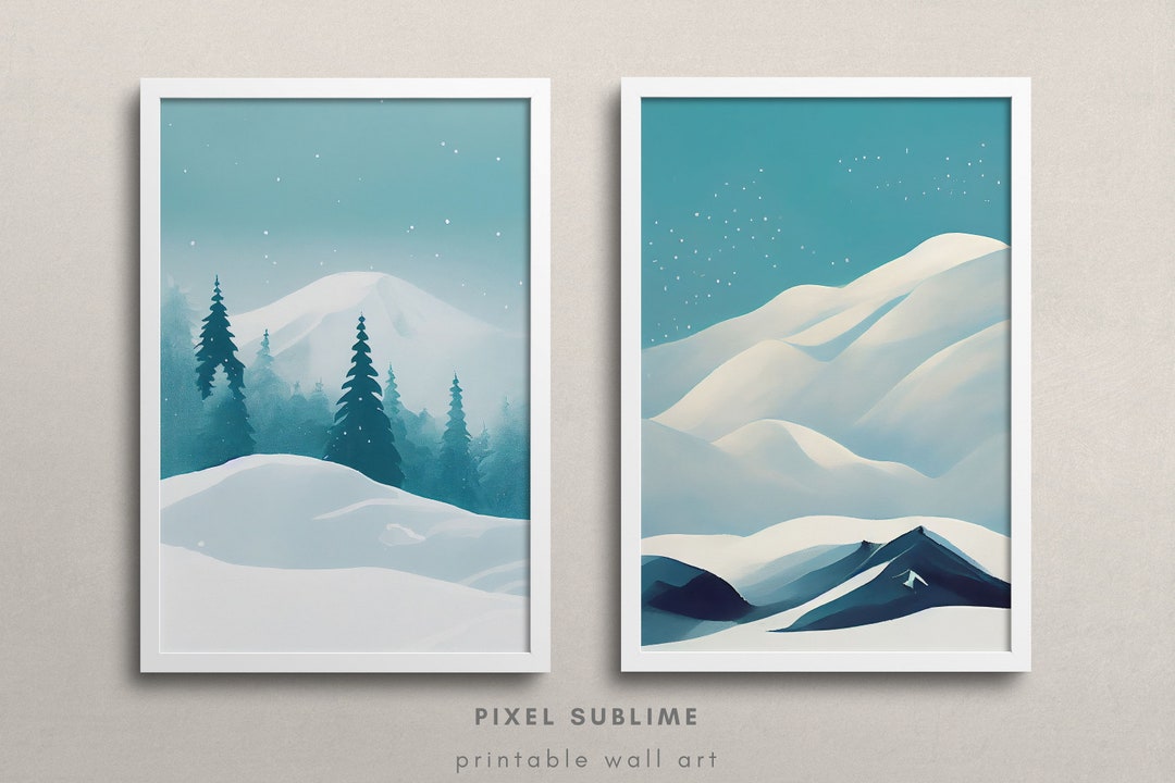 Winter Prints, Blue Christmas Wall Art, Painting Winter Scene, Blue ...