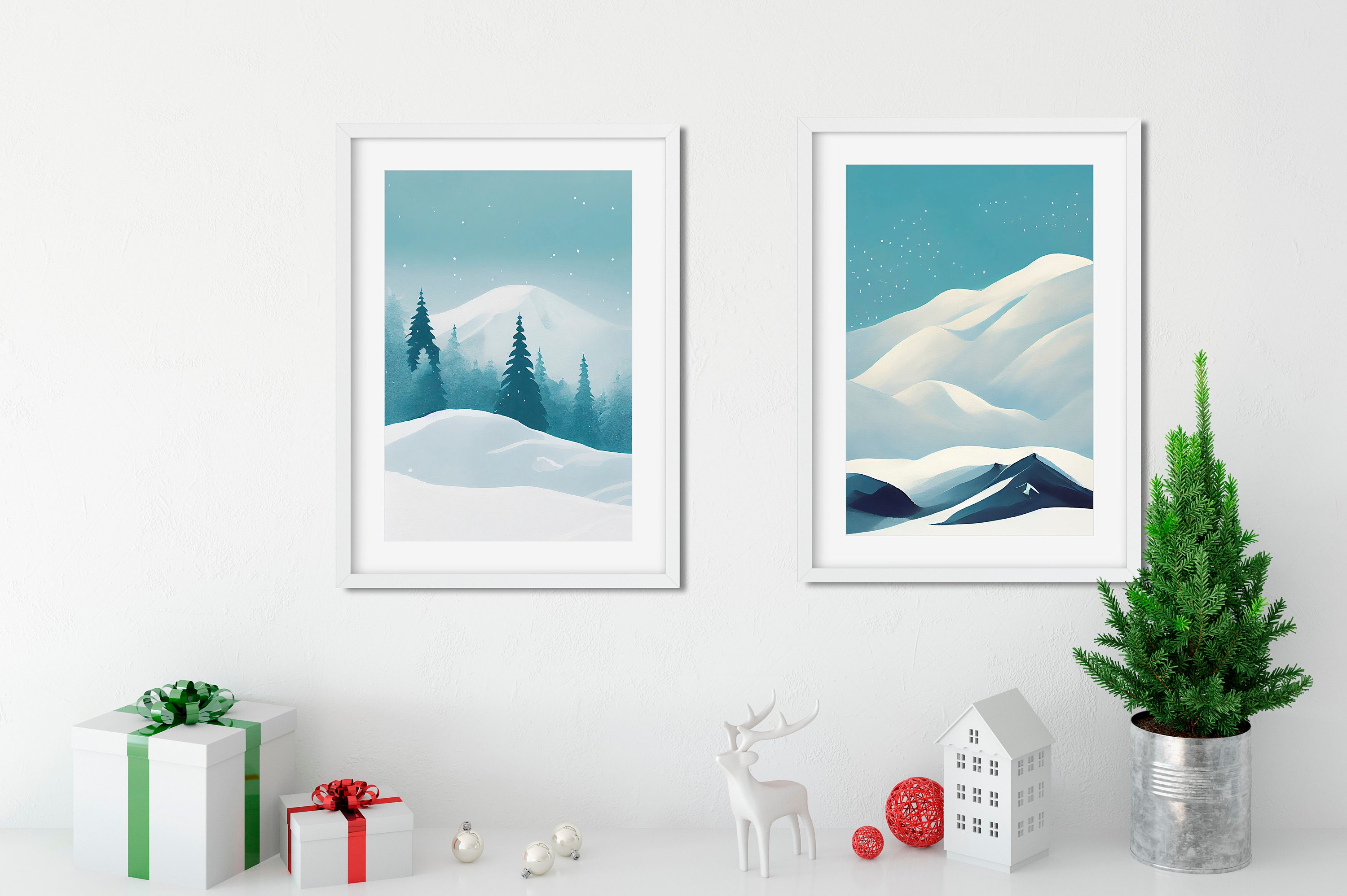Winter Prints, Blue Christmas Wall Art, Painting Winter Scene, Blue ...