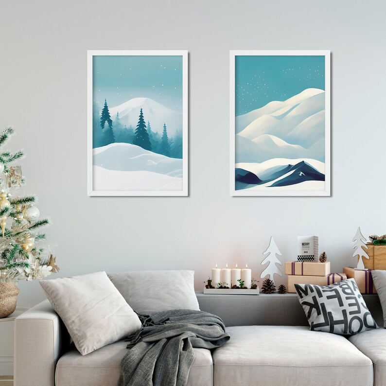 Winter Prints, Blue Christmas Wall Art, Painting Winter Scene, Blue ...