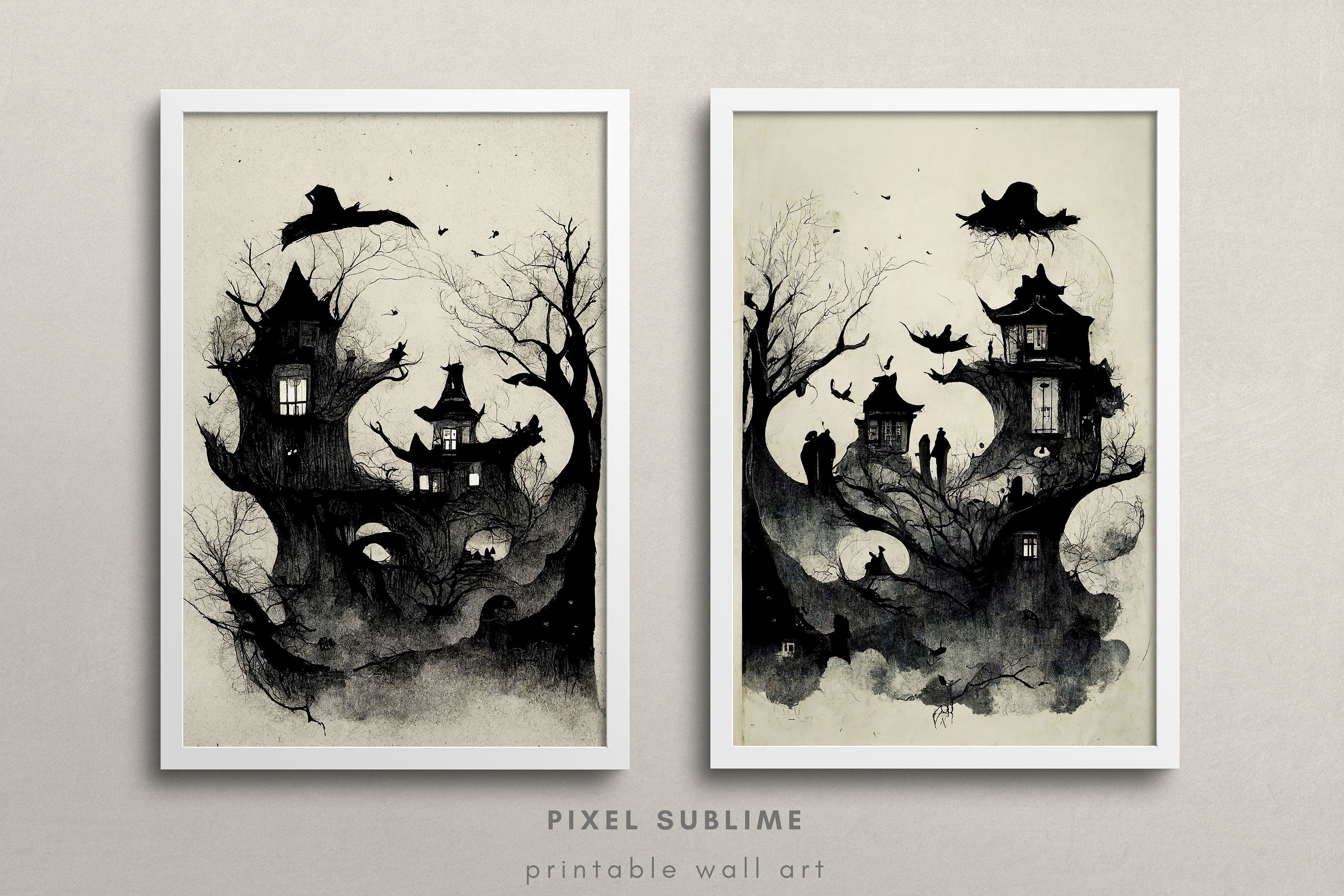 Haunted House Printable Wall Art Set, Spooky Halloween Poster ...
