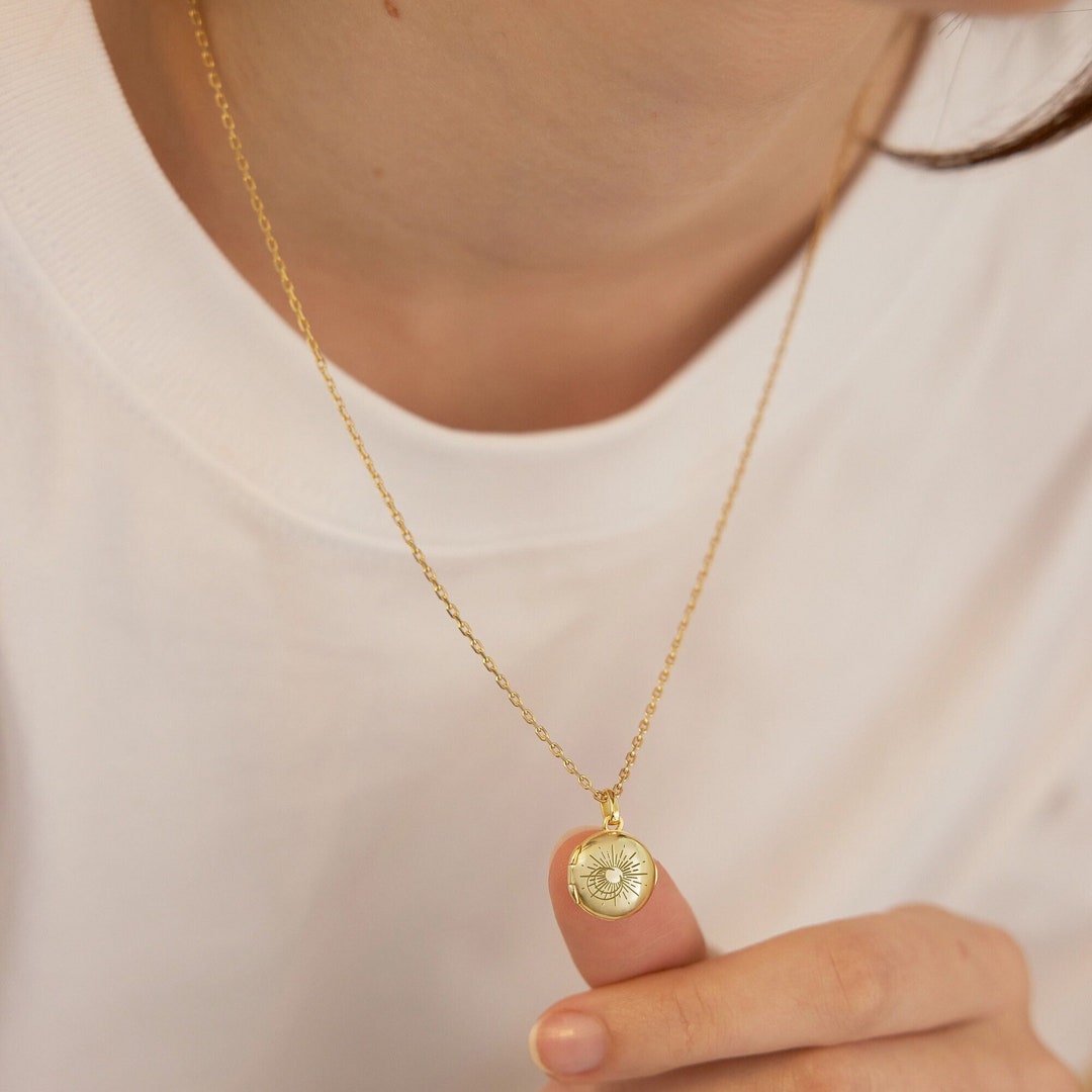 Moon Sun Locket Necklace • Customized Gold Locket • Sunburst Round ...