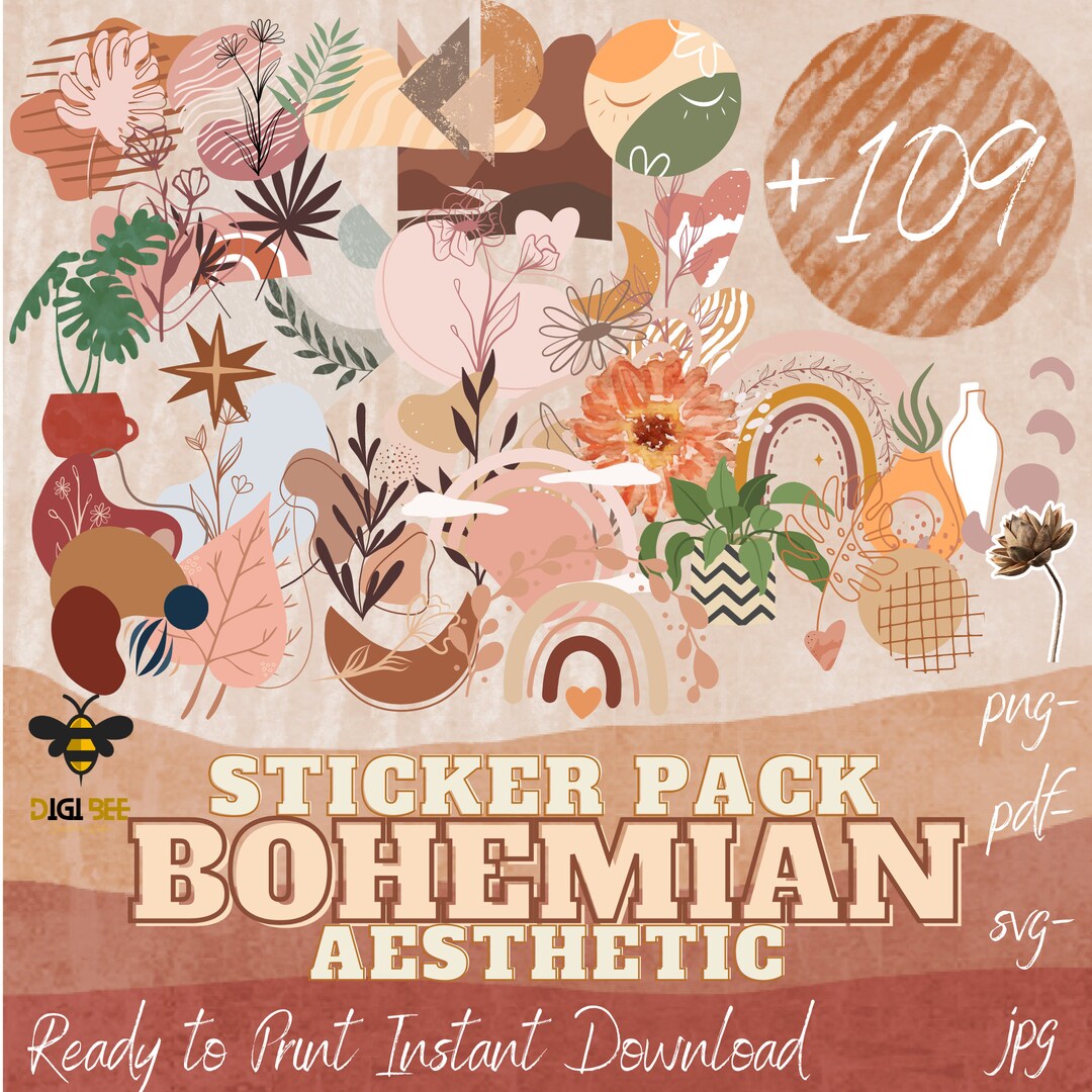 Bohemian Aesthetic Digital Sticker Bundle PNG, PDF, JPG Svg Goodnotes ...