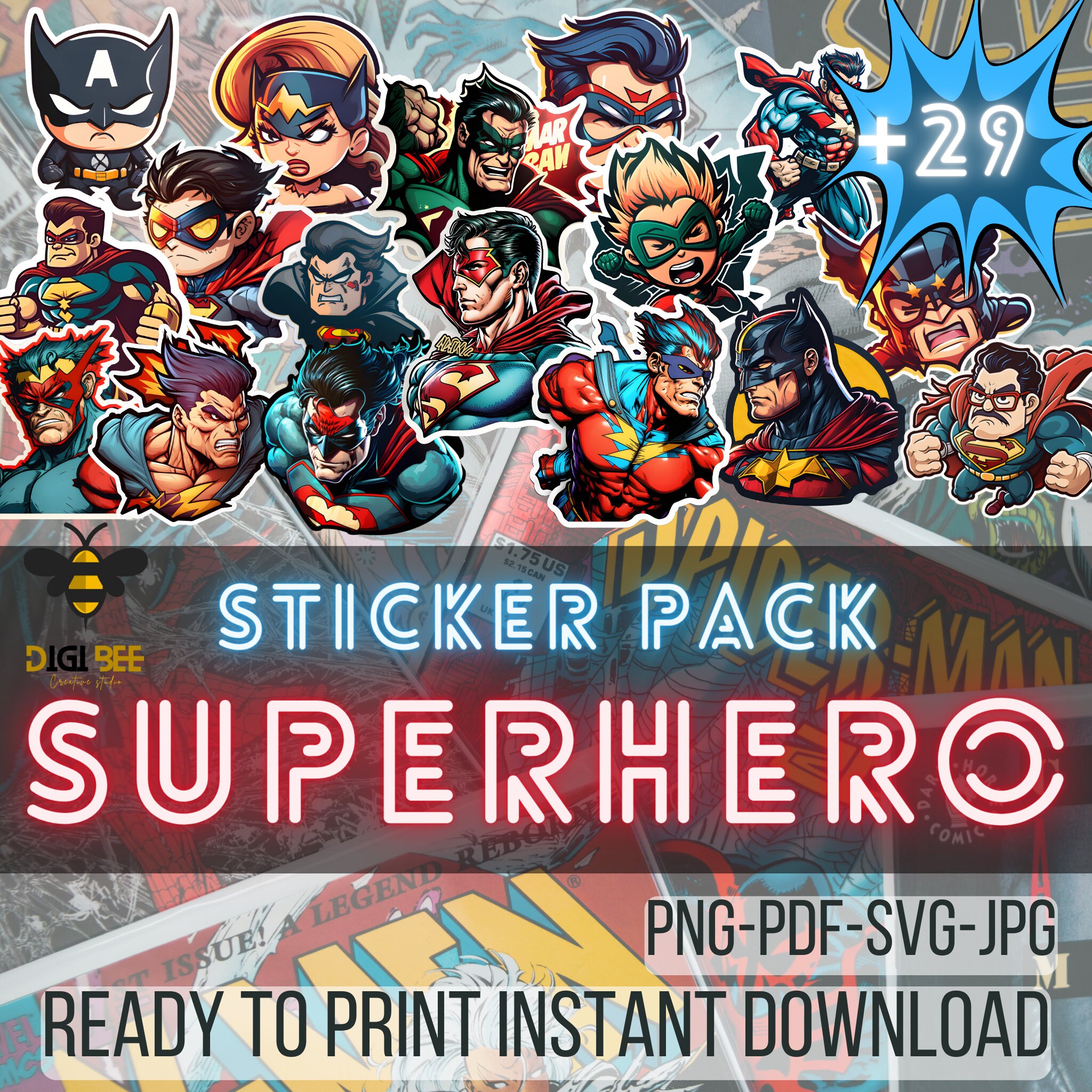 Super Hero Digital Sticker Bundle PNG, PDF, JPG Svg Goodnotes, Digital ...