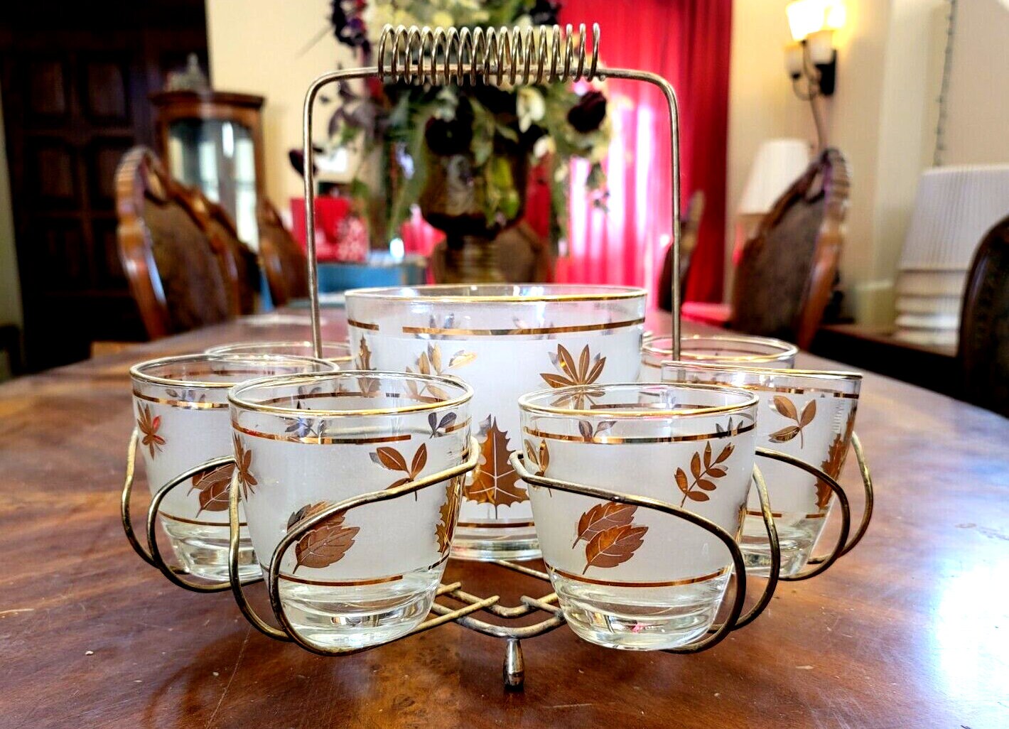 10 Pc Libbey Gold Leaf Frosted Glasses Ice Bucket Carrier Mid Mod Mad ...