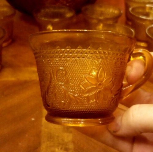 Tiara Indiana Glass Amber Sandwich Punch Bowl , Ladle & 12 Cups Vintage ...