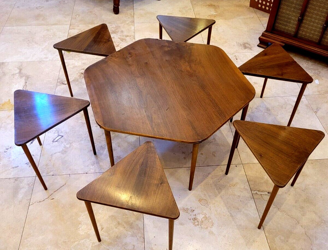 Vintage Danish MCM Hexagonal Walnut Coffee Table With 6 Triangular ...