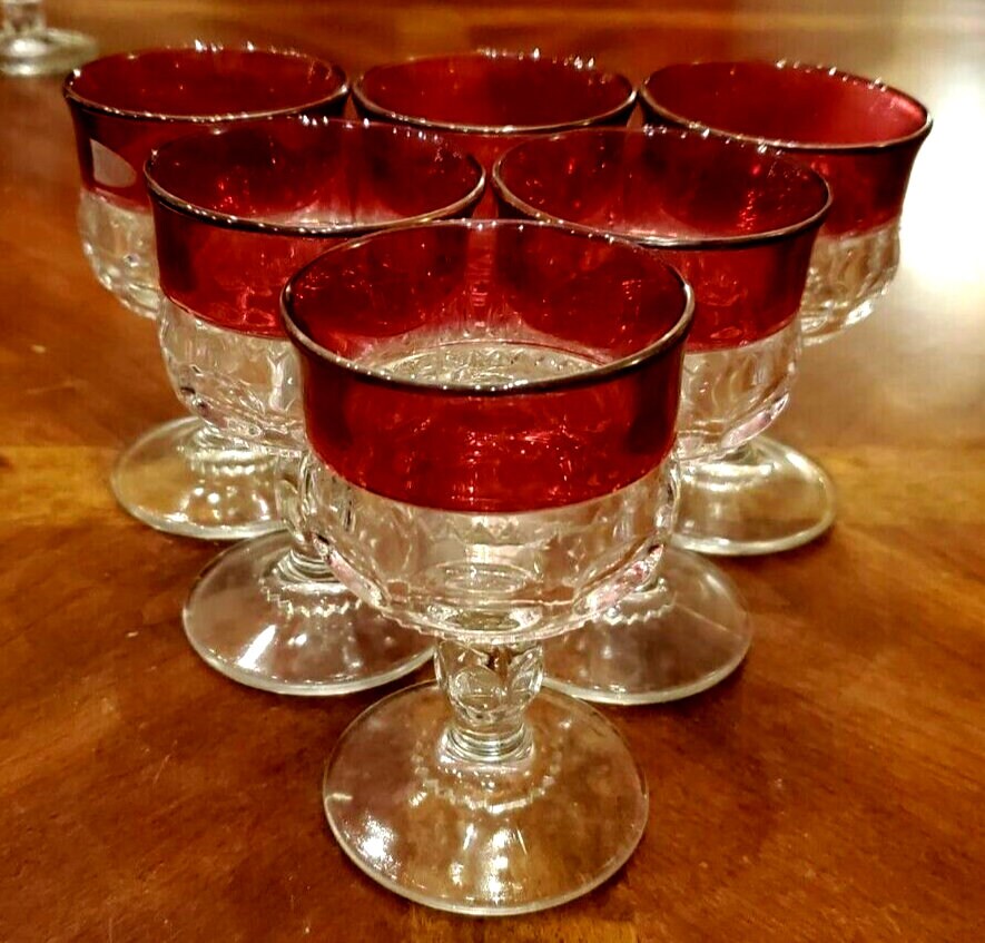 6 Vintage Ruby Red Cranberry Kings Crown Thumbprint Goblet Glasses ...