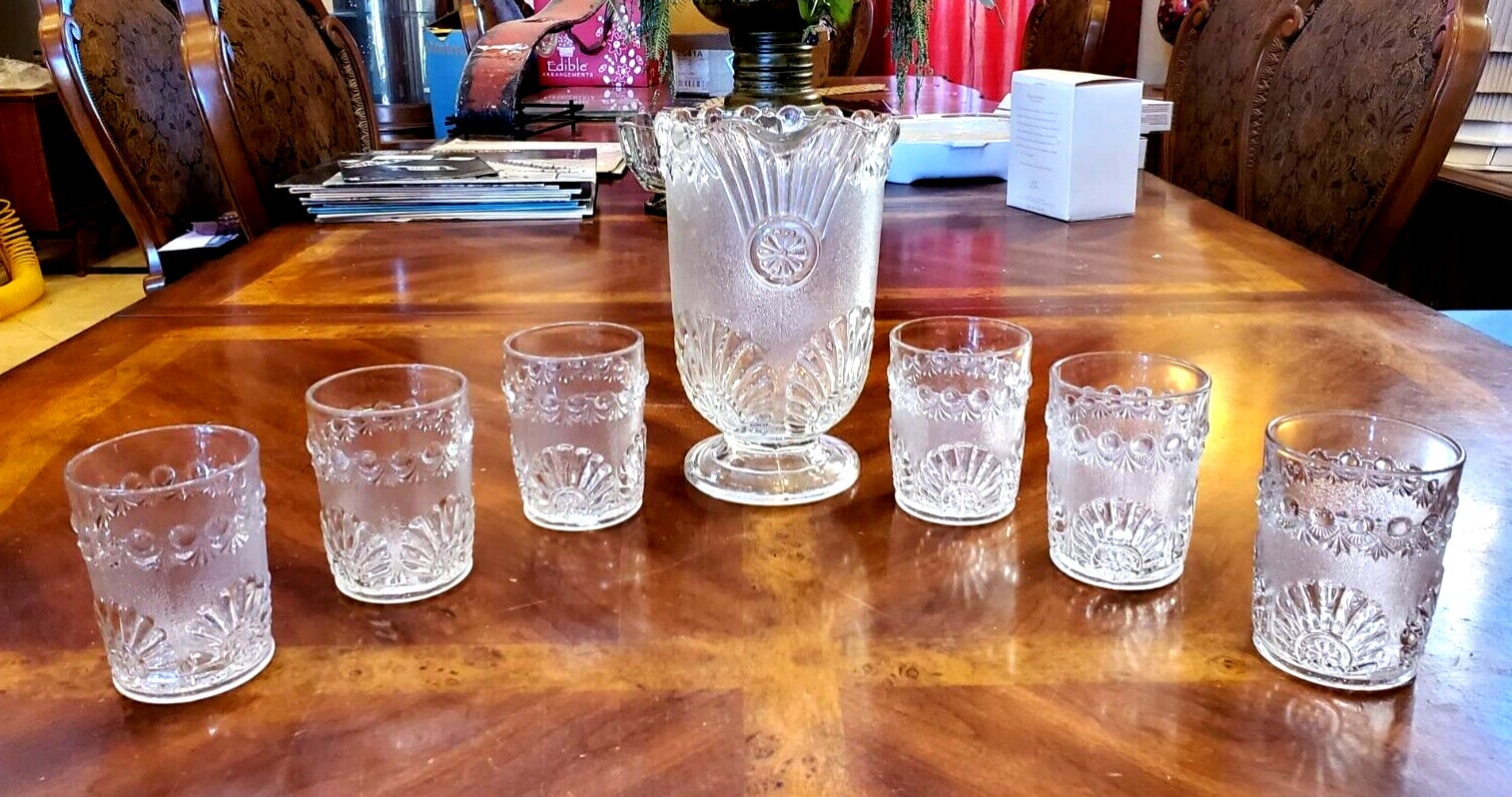 Vintage Flint Glass Pitcher & 6 Glasses Molded Glass Pressed Glass ...