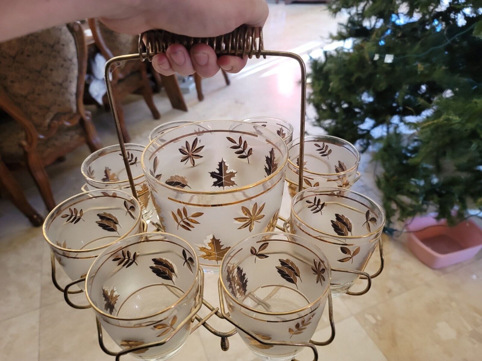 10 Pc Libbey Gold Leaf Frosted Glasses Ice Bucket Carrier Mid Mod Mad ...