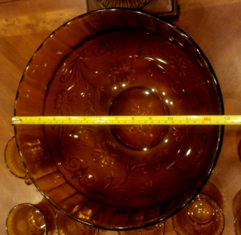 Tiara Indiana Glass Amber Sandwich Punch Bowl , Ladle & 12 Cups Vintage ...