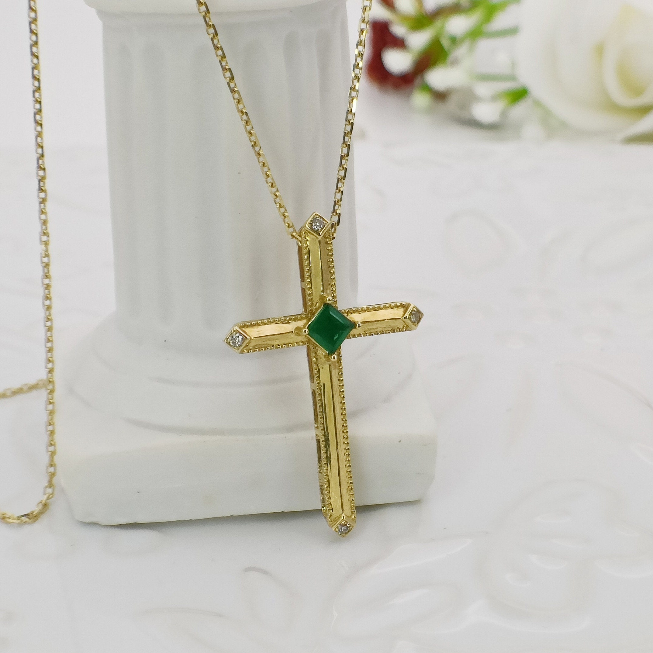 18K Yellow Gold Natural Emerald Cross Necklace, Emerald and Diamond ...