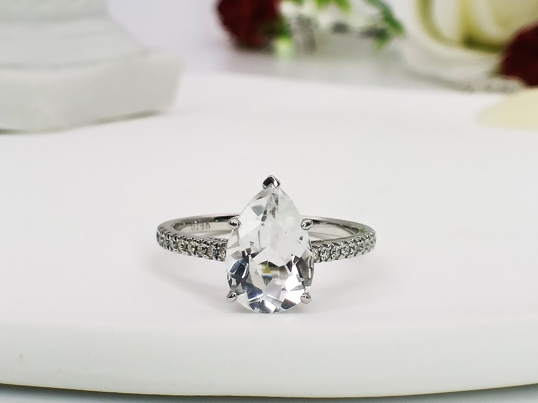 14K Gold White Quartz Engagement Ring, Solitaire Quartz Wedding Ring ...