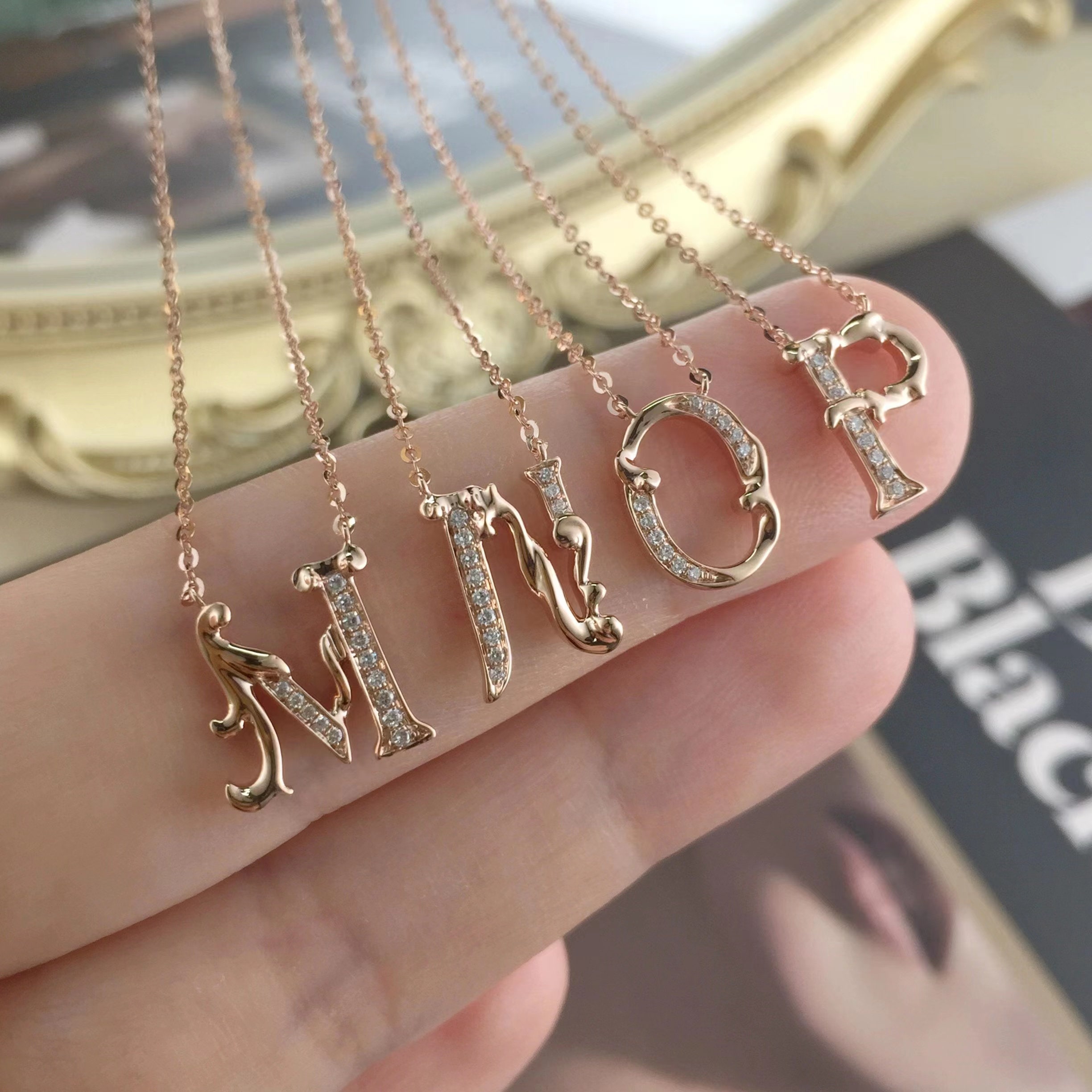 18K Gold Diamond Alphabet Initial Necklace/ Letter M Chain/ A-Z Letter ...