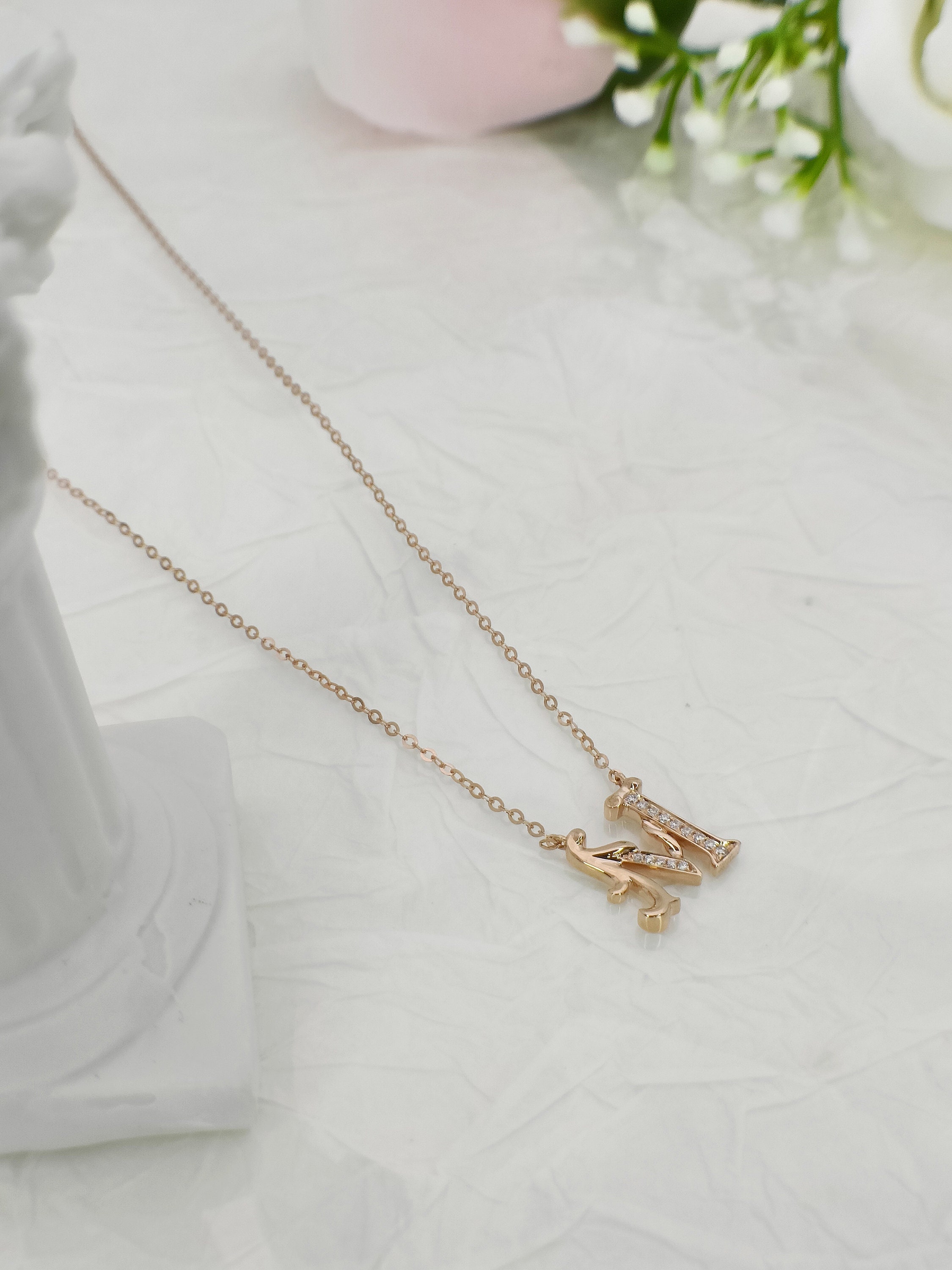 18K Gold Diamond Alphabet Initial Necklace/ Letter M Chain/ A-Z Letter ...