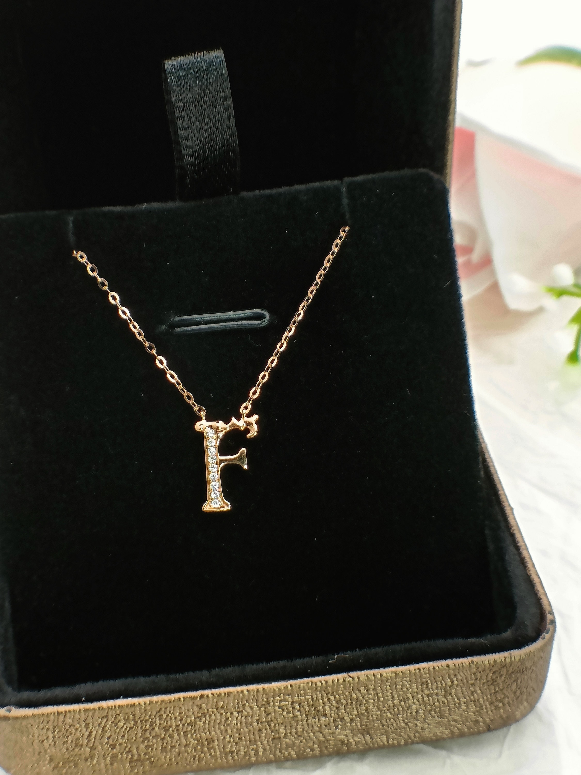 18K Solid Yellow Gold Diamond Alphabet Initial Necklace/letter F Chain ...