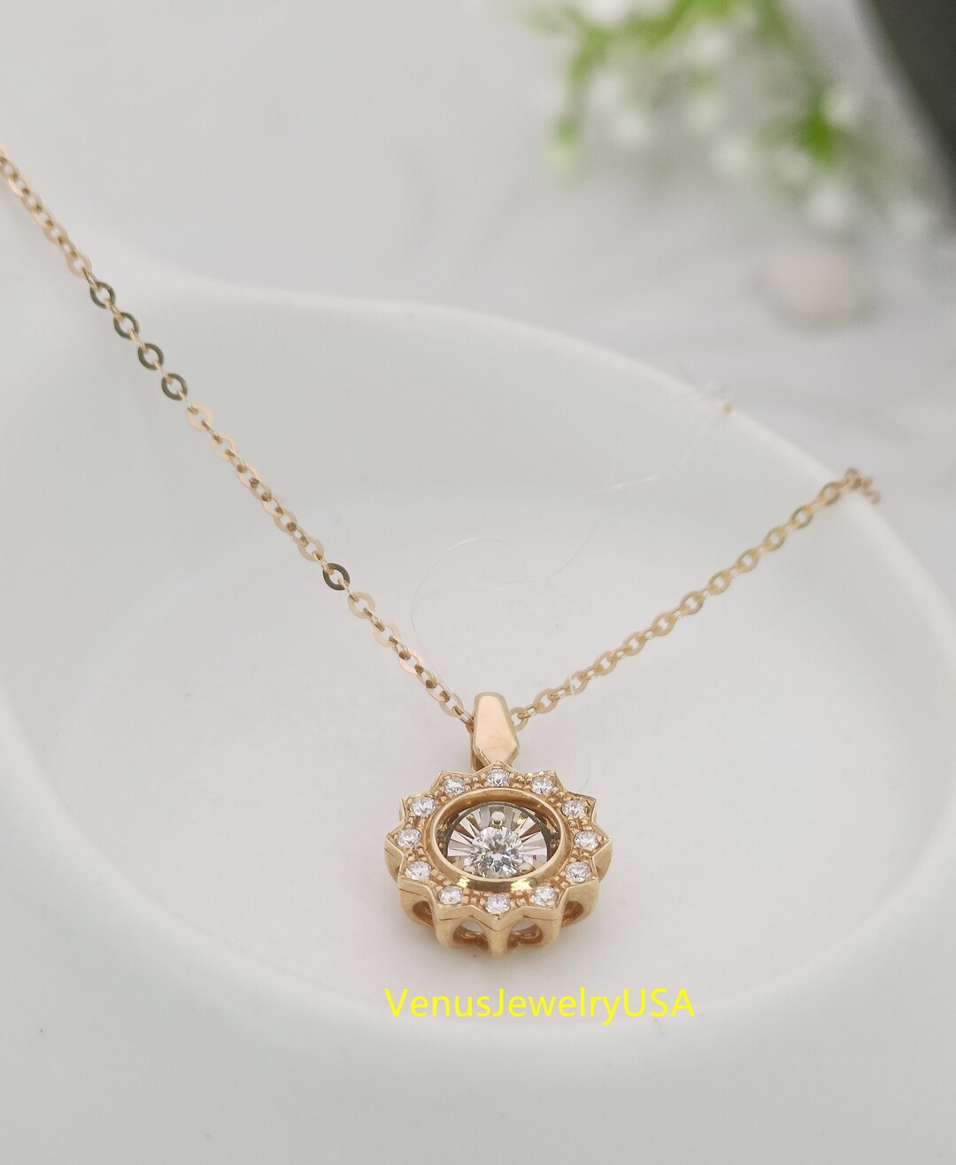 18K Solid Gold Dancing Diamond Necklace /charm Pendant With Natural ...