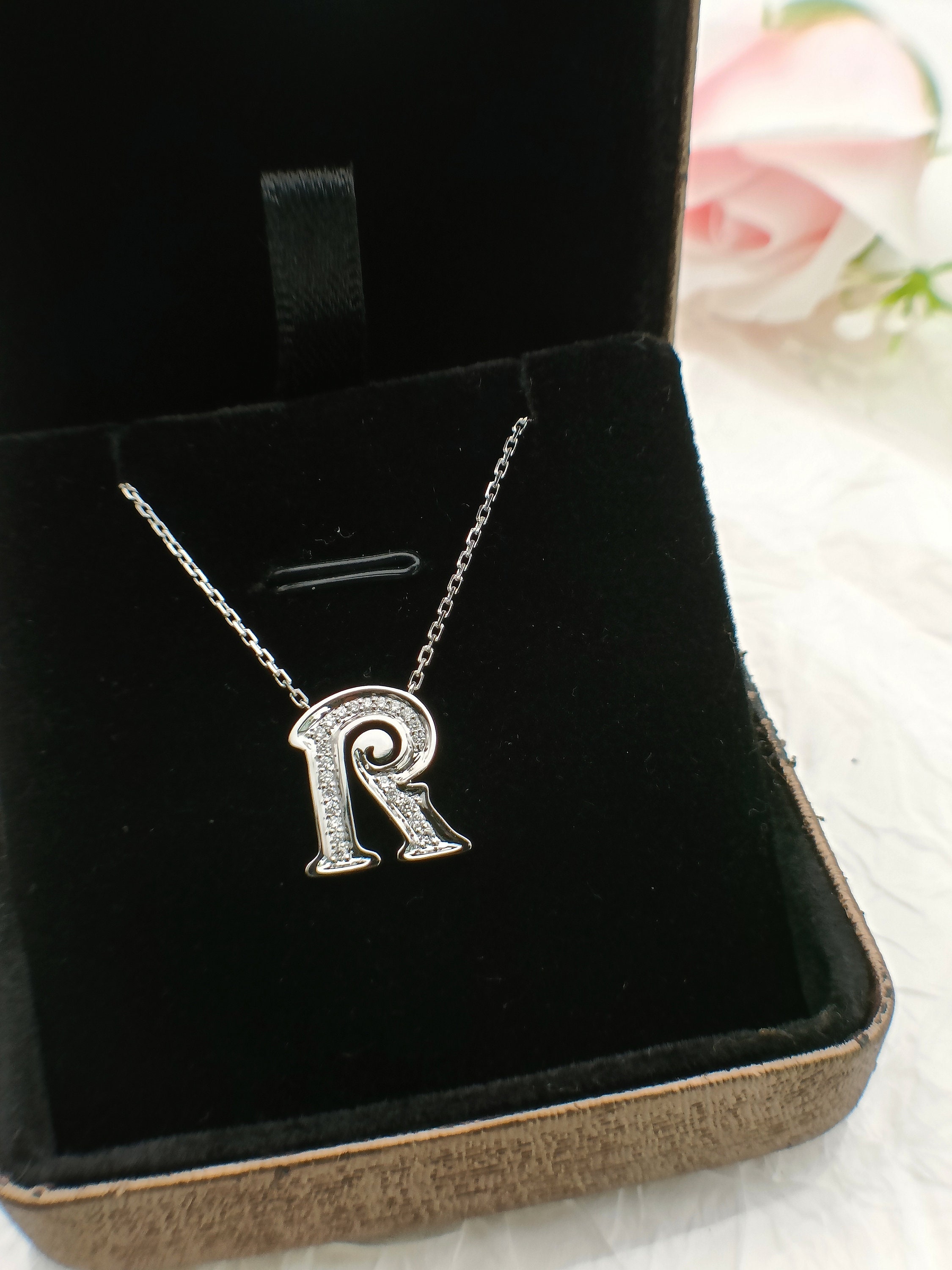 18K Solid Gold Diamond Alphabet Initial Necklace/letter R Chain/ A-Z ...