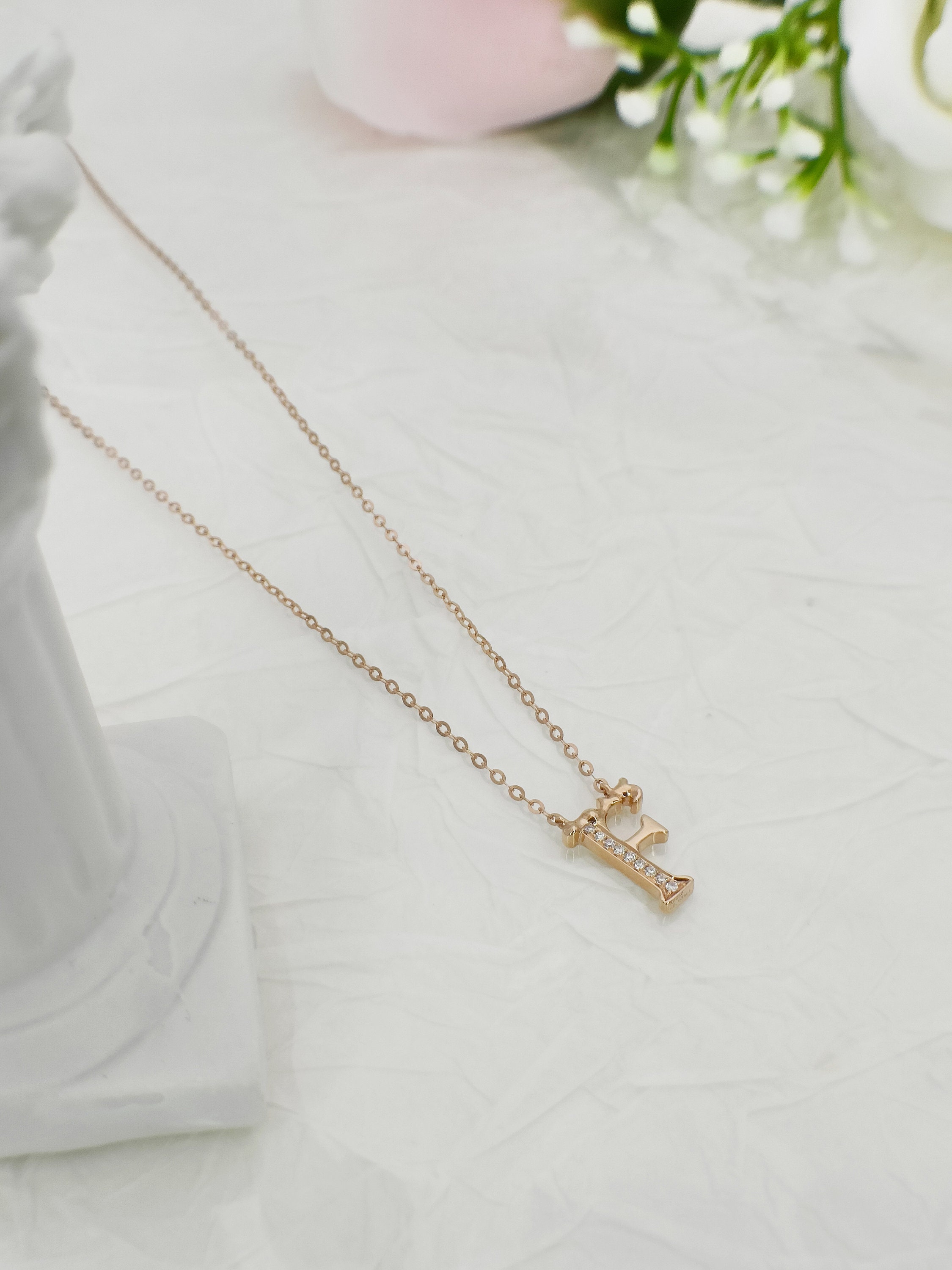 18K Solid Yellow Gold Diamond Alphabet Initial Necklace/letter F Chain ...