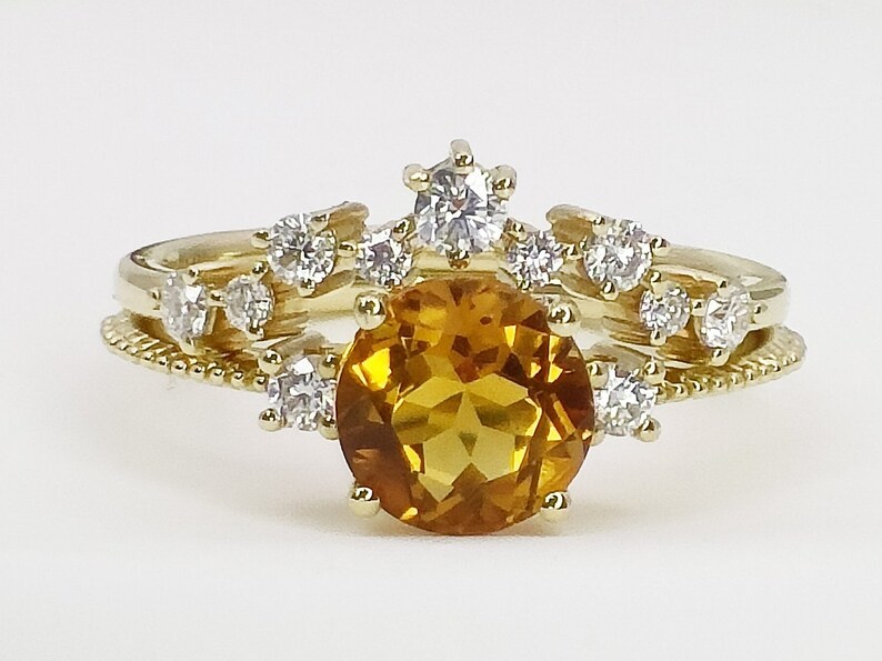 14K Gold Natural Citrine Engagement Ring Set| Genuine Citrine Bridal ...