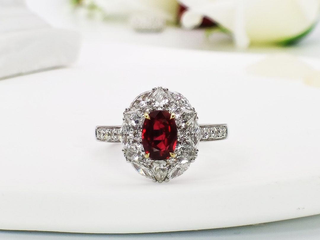 Untreated Pigeon Blood Natural Ruby Engagement Ring| 1.02ct Oval Cut Natural Ruby Statement Ring ...
