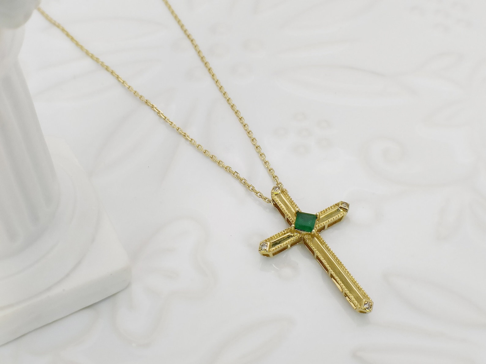 18K Yellow Gold Natural Emerald Cross Necklace, Emerald and Diamond ...