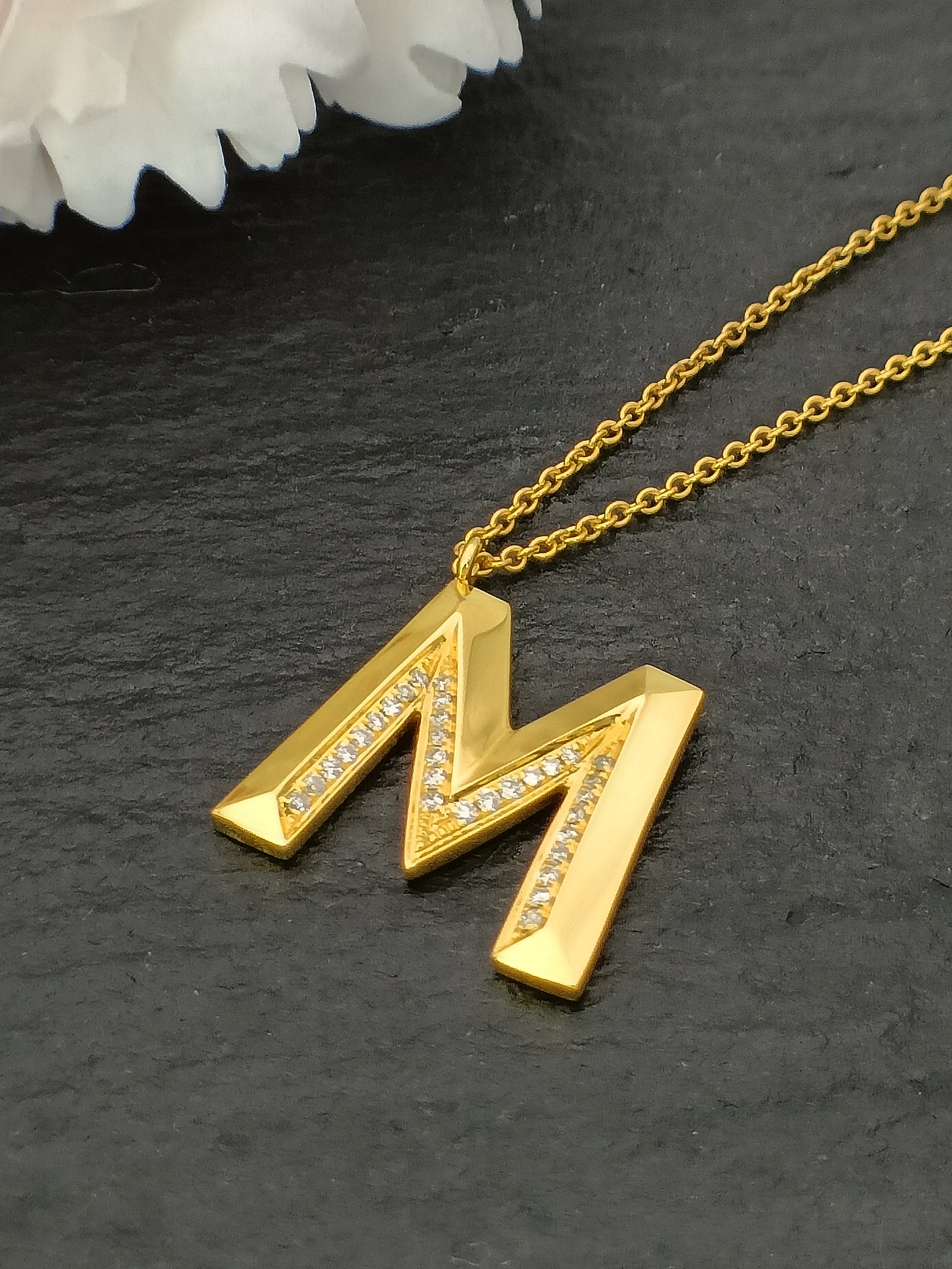 18K Gold Diamond Alphabet Initial Necklace/letter M Chain/ A-Z Letter ...