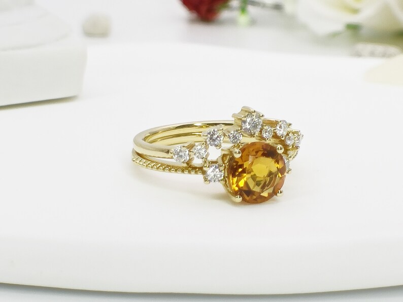 14K Gold Natural Citrine Engagement Ring Set| Genuine Citrine Bridal ...