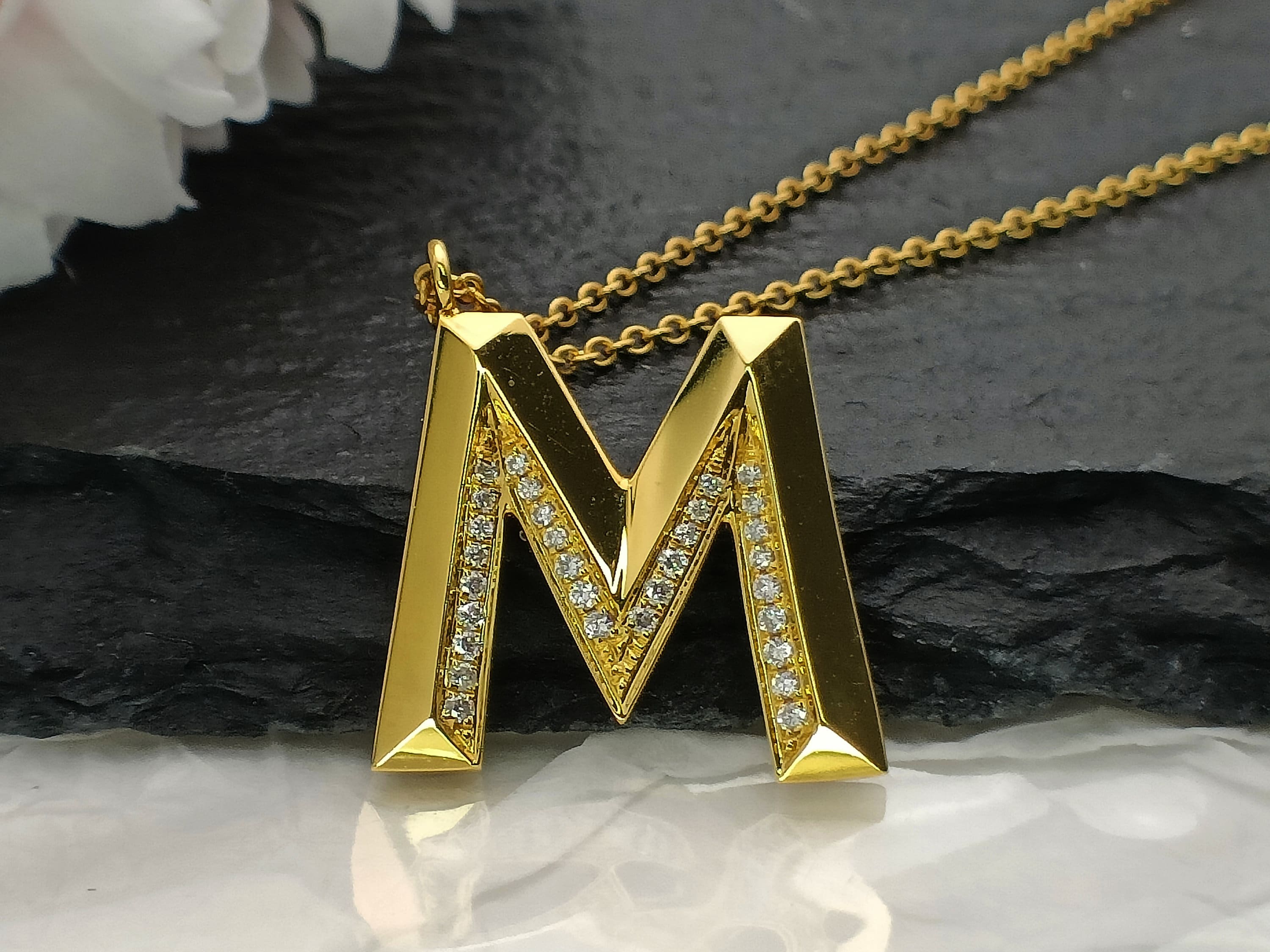 18K Gold Diamond Alphabet Initial Necklace/letter M Chain/ A-Z Letter ...