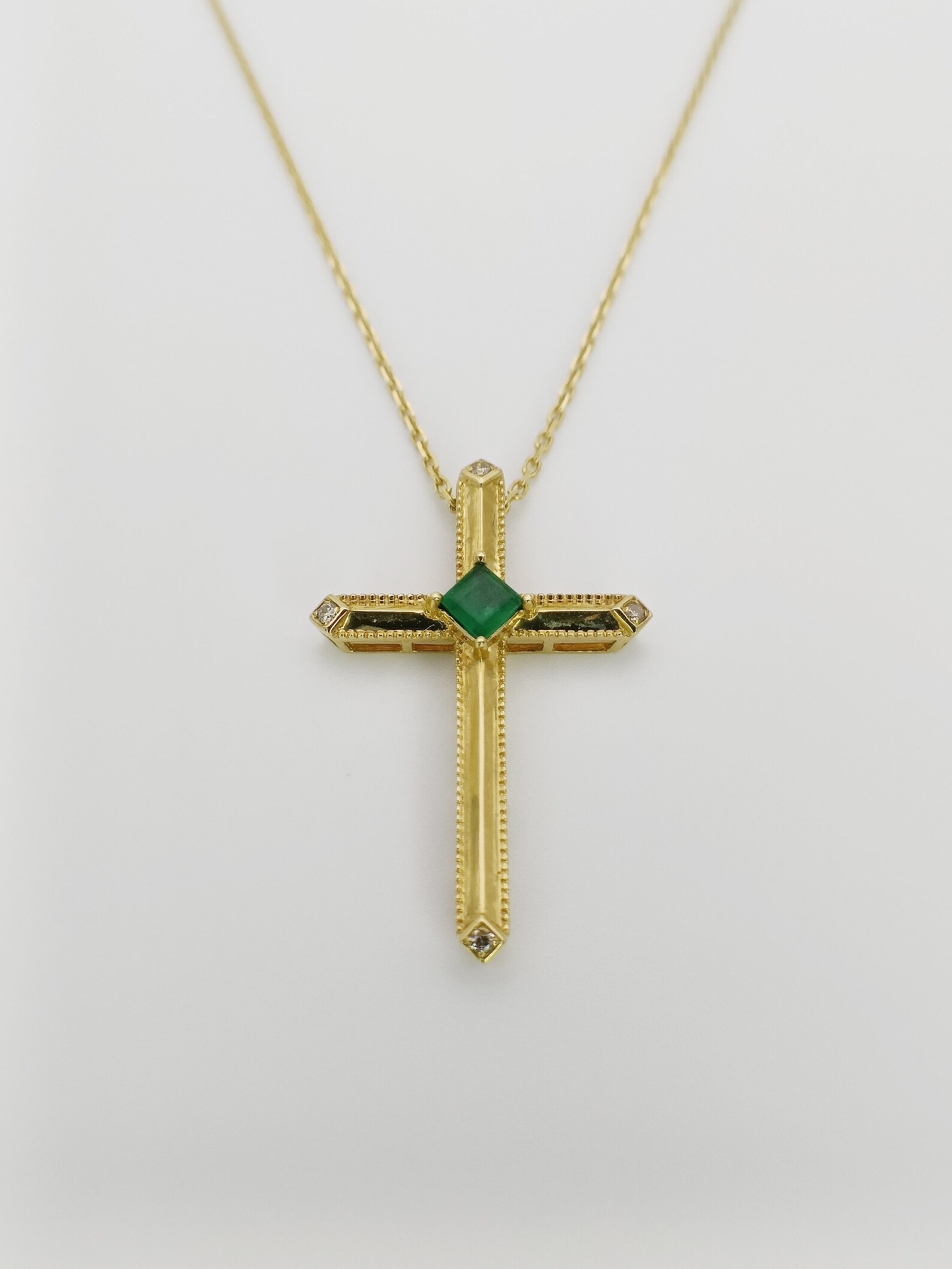 18K Yellow Gold Natural Emerald Cross Necklace, Emerald and Diamond ...