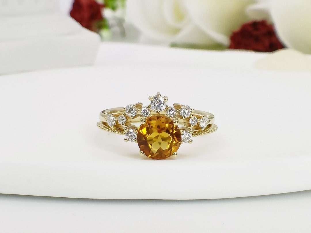 14K Gold Natural Citrine Engagement Ring Set| Genuine Citrine Bridal ...