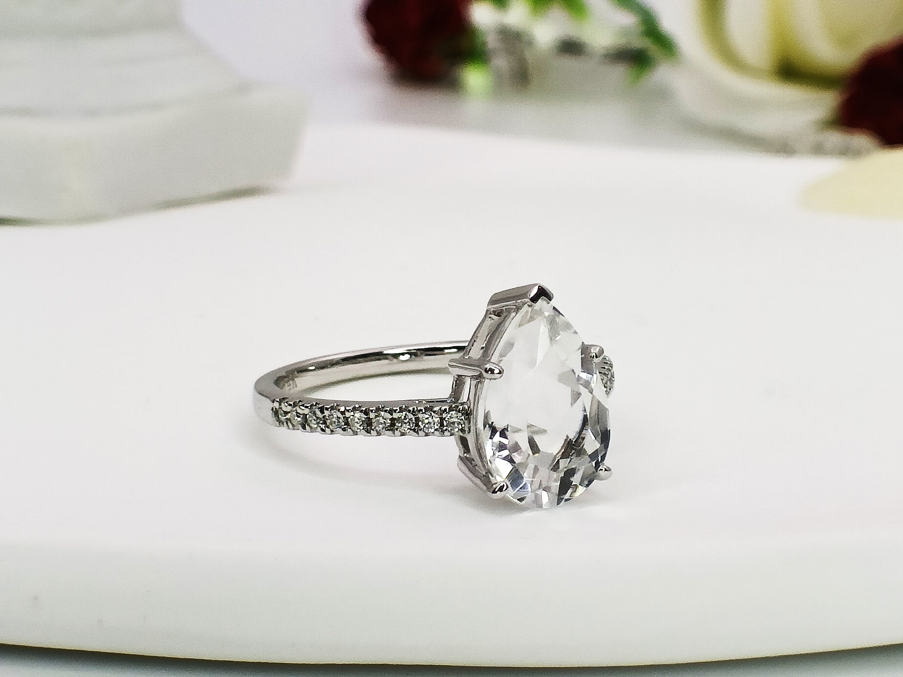 14K Gold White Quartz Engagement Ring, Solitaire Quartz Wedding Ring ...