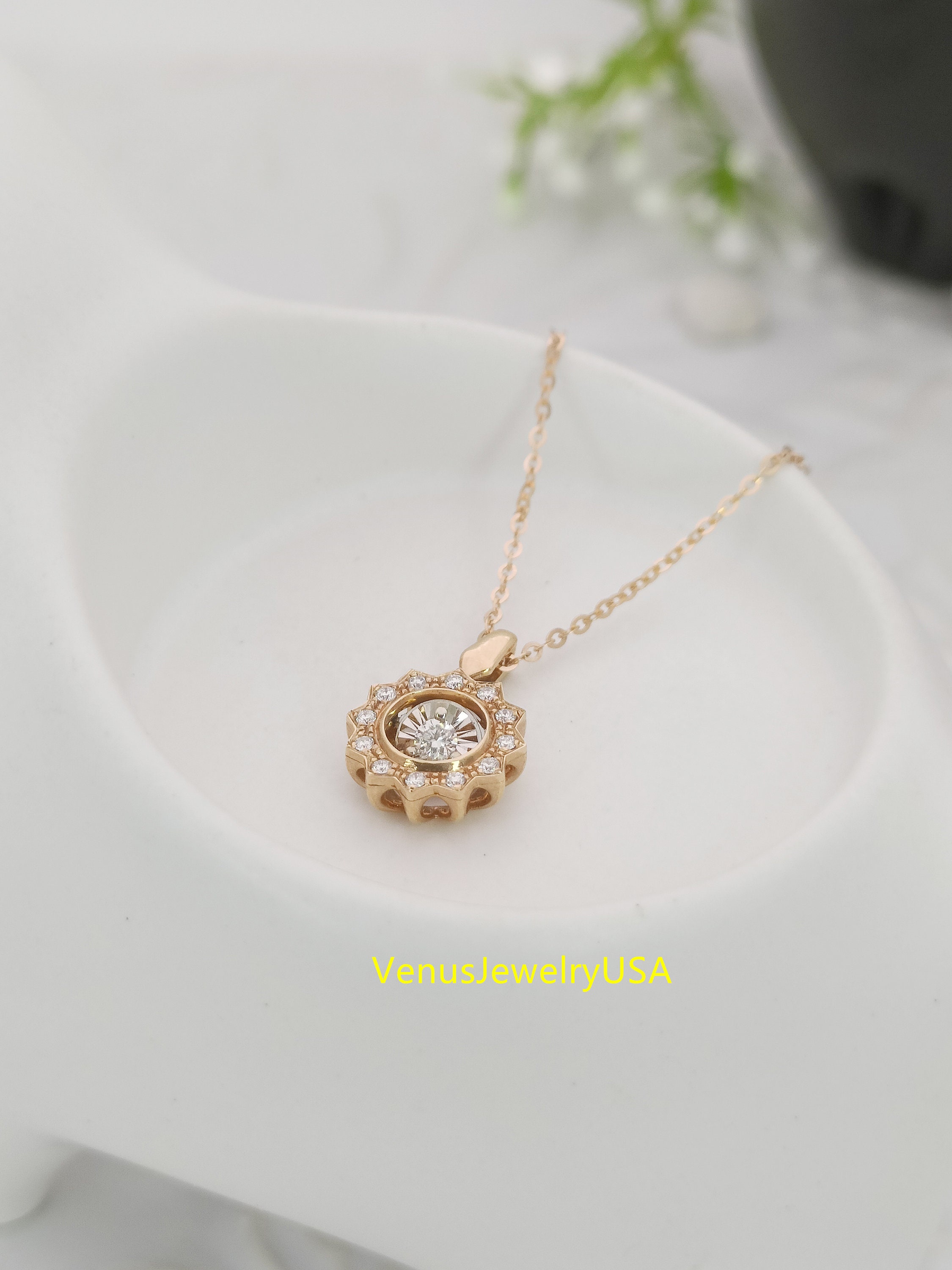 18K Solid Gold Dancing Diamond Necklace /charm Pendant With Natural ...